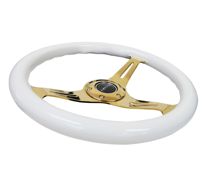 NRG Classic Wood Grain Steering Wheel (350mm) White Grip w/Chrome Gold